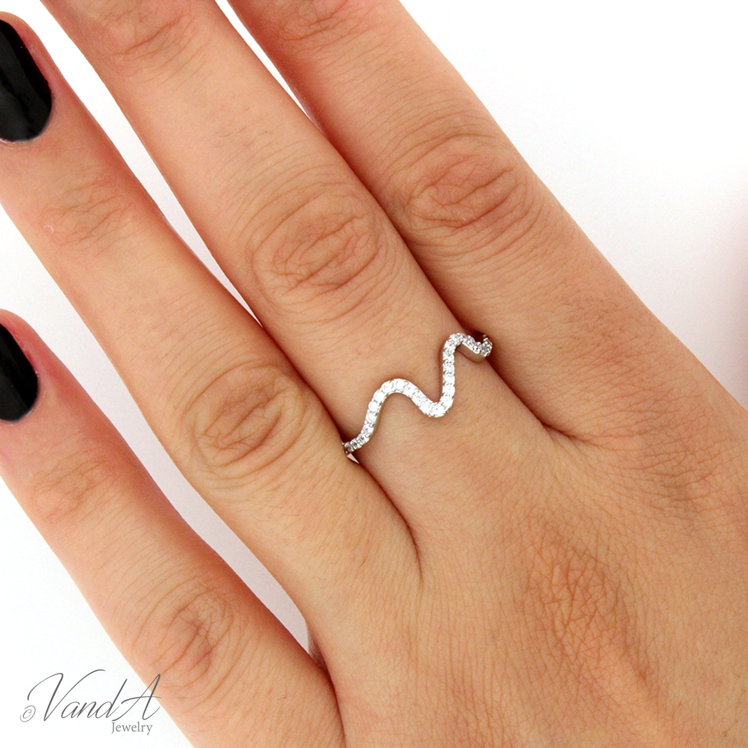 Sterling Silver 925 Wave Ring With Clear CZ Elegant Wavy Fancy - Etsy
