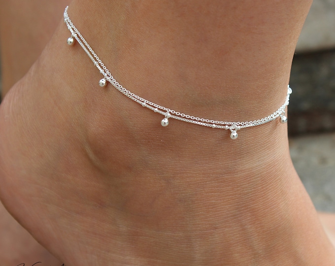 Sterling Silver 925 Multi Bead Layered Anklet Multi Layer Bead Chain ...