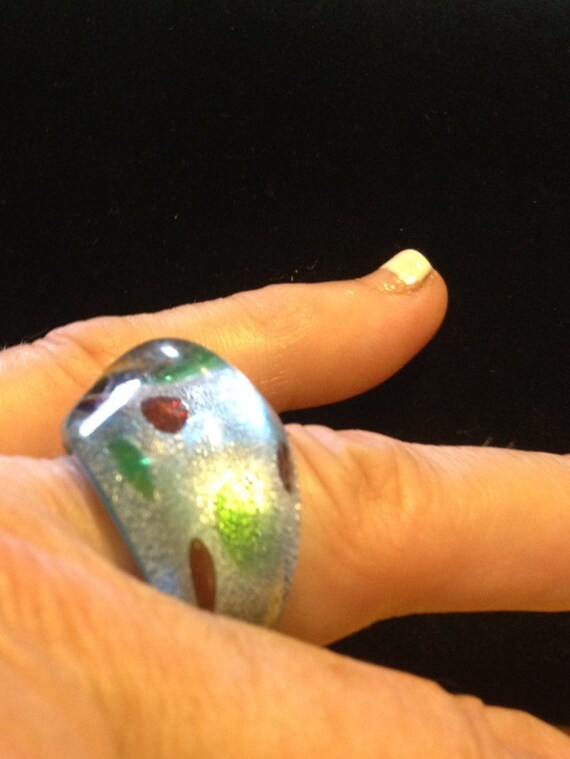 Vintage Murano Glass Ring, Blue Green Red, Size 7 - Gem