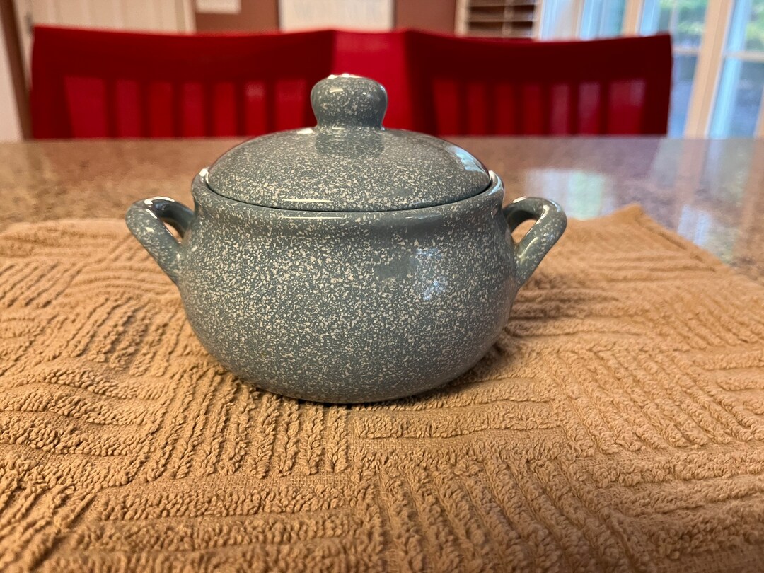 Blue Speckled Little Pot With Lid and Handpainted Striped Bowl - Etsy