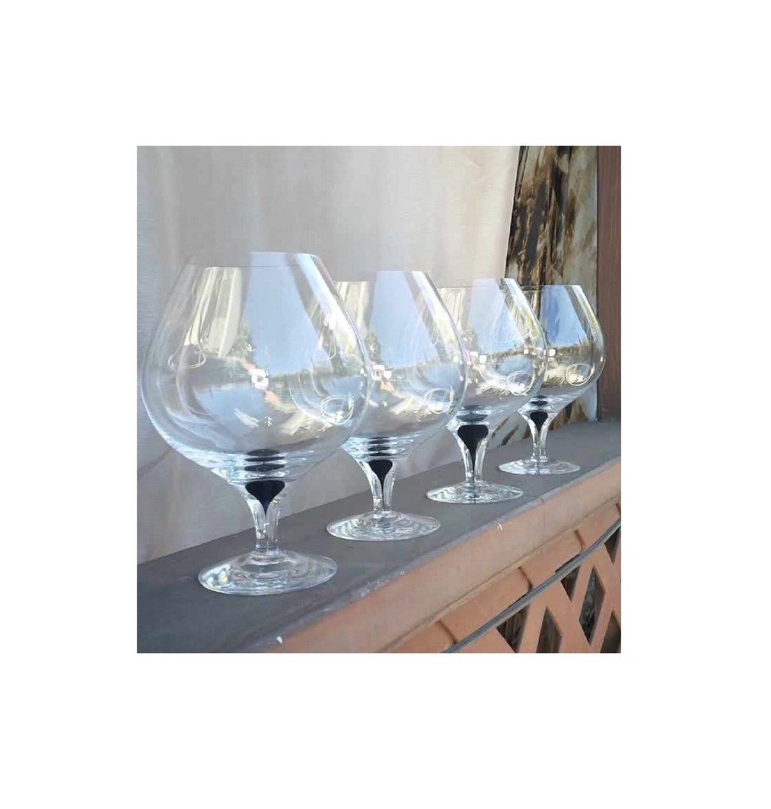This is a Stunning Set of Four 4 Coal Black Tear Drop Filament Stem Clear Glass Brandy Snifters ...
