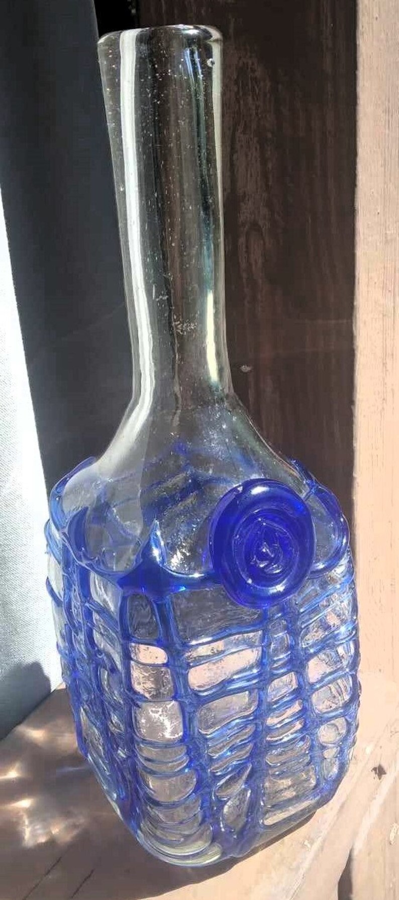 Vintage La Fiore Bottle Mare Blown Glass Cobalt Blue Wrapped Clear ...