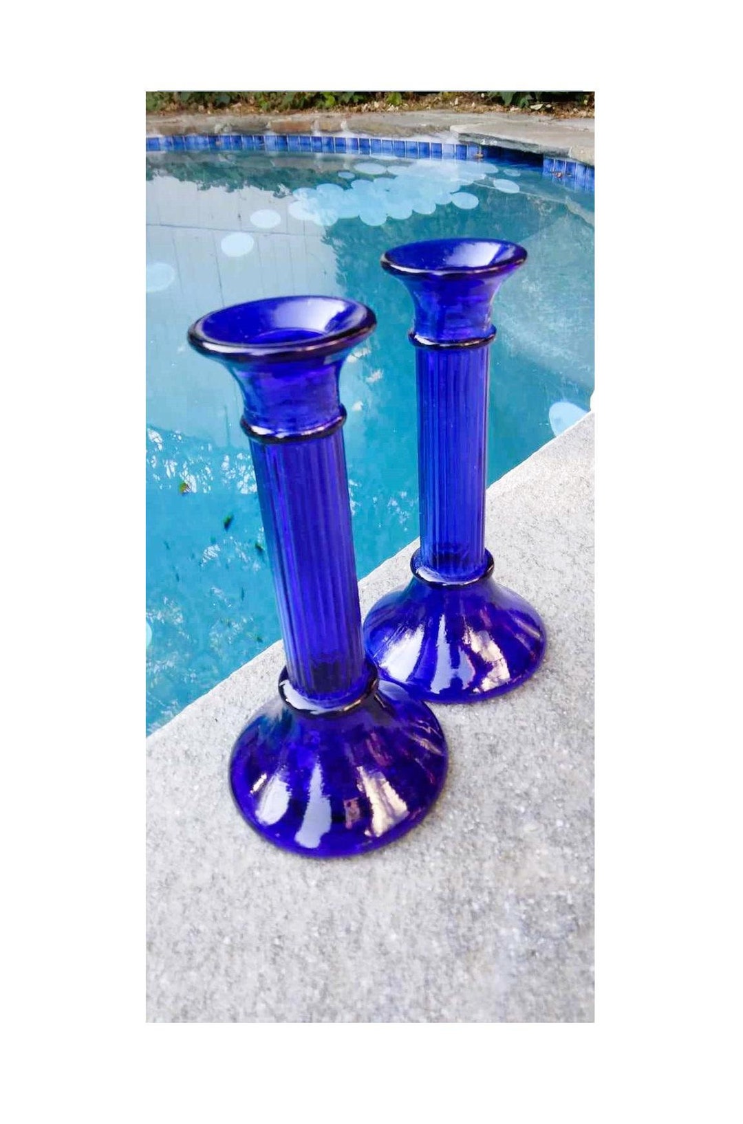 A Pair of Vintage Dark Cobalt Blue Indiana Glass Taper Candle Holders ...