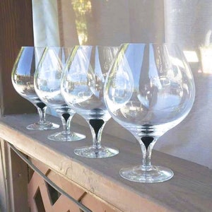 This is a Stunning Set of Four 4 Coal Black Tear Drop Filament Stem Clear Glass Brandy Snifters ...