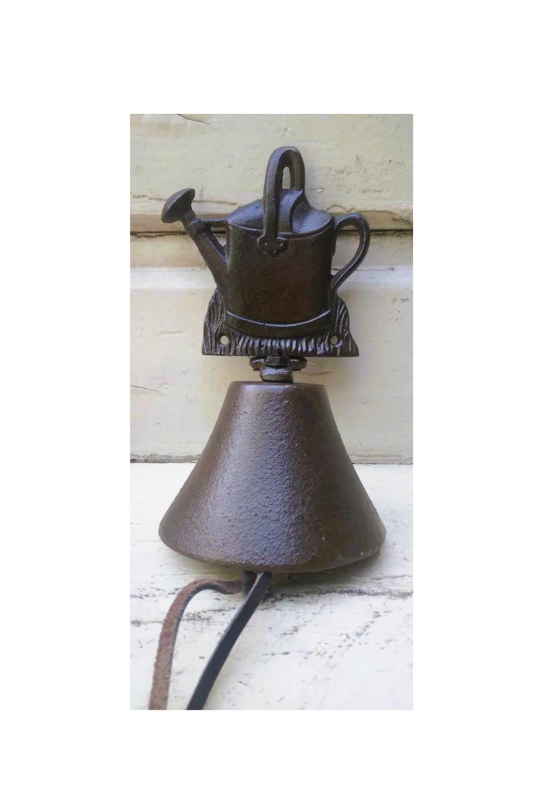 Vintage Cast Iron Wall Mounted Leather Pull Dinner Bell With Watering ...