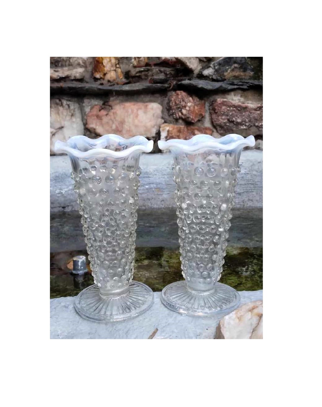 2 Vintage Anchor Hocking Moonstone Opalescent White Aqua Ruffle Top ...