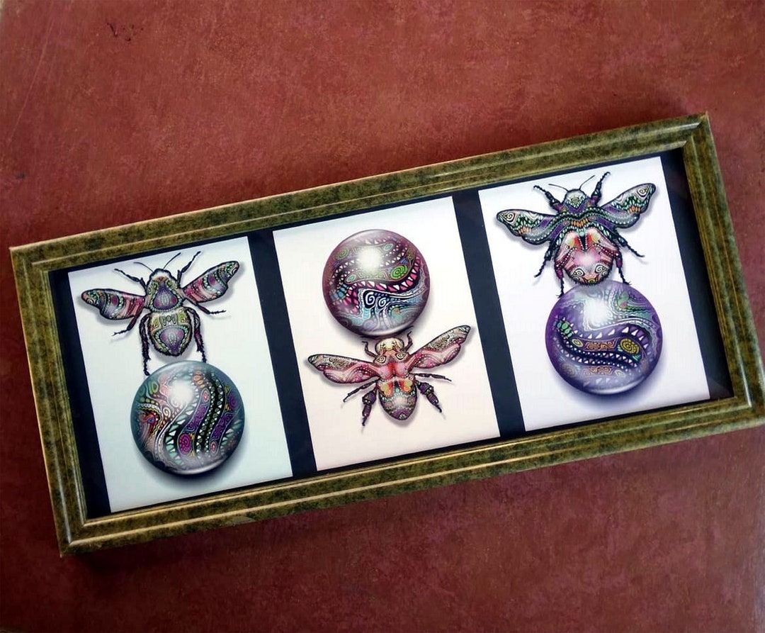 Rainbow Bees Bubbles Art in Painted Wood Frame Under Glass - Etsy