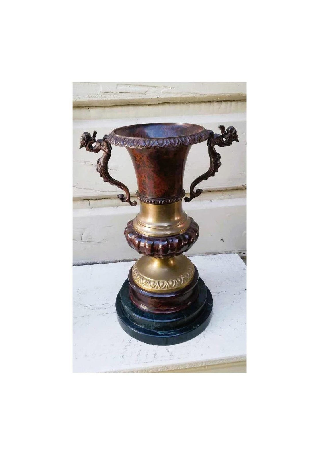 LARGE Heavy Brass/bronze Trophy Urn With Dragon Handles on a Round ...