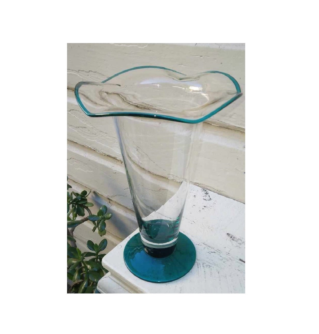 Tall Blown Glass Clear to Teal Fluted Vase - Etsy