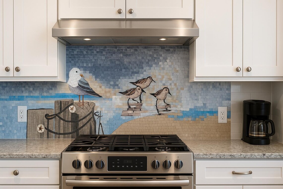 Kitchen Backsplash Bird Mosaic Art - Seagull & Three Birds Design ...