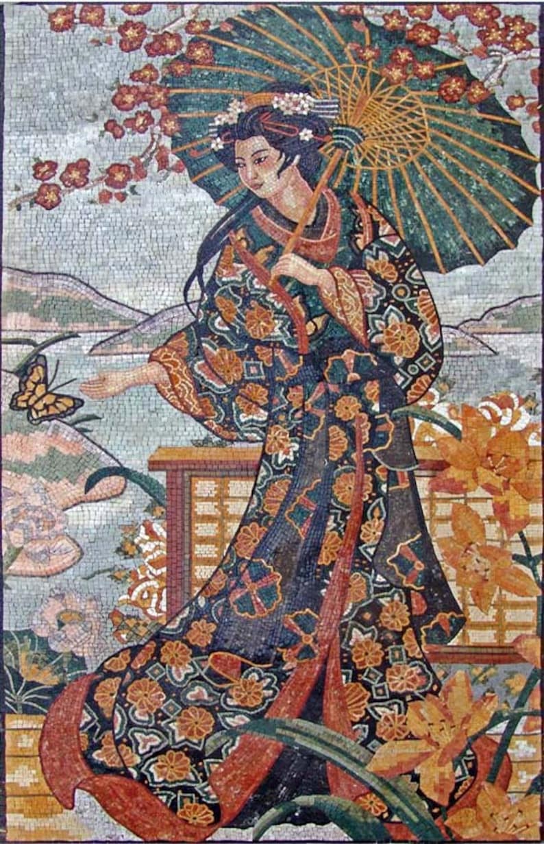 Charming Japanese Geisha Marble Mosaic Mural - Etsy