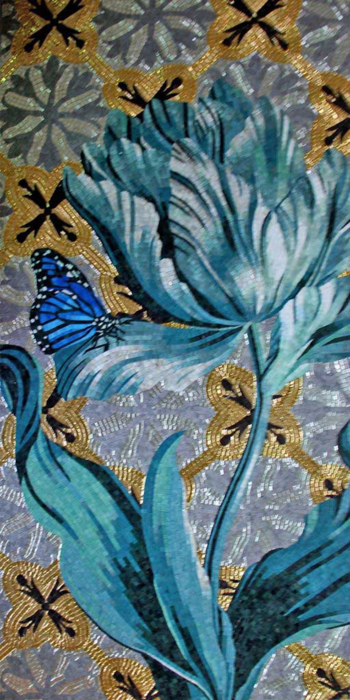Blue Lagoon Flower With Butterfly on Glass Mosaic Mural - Etsy