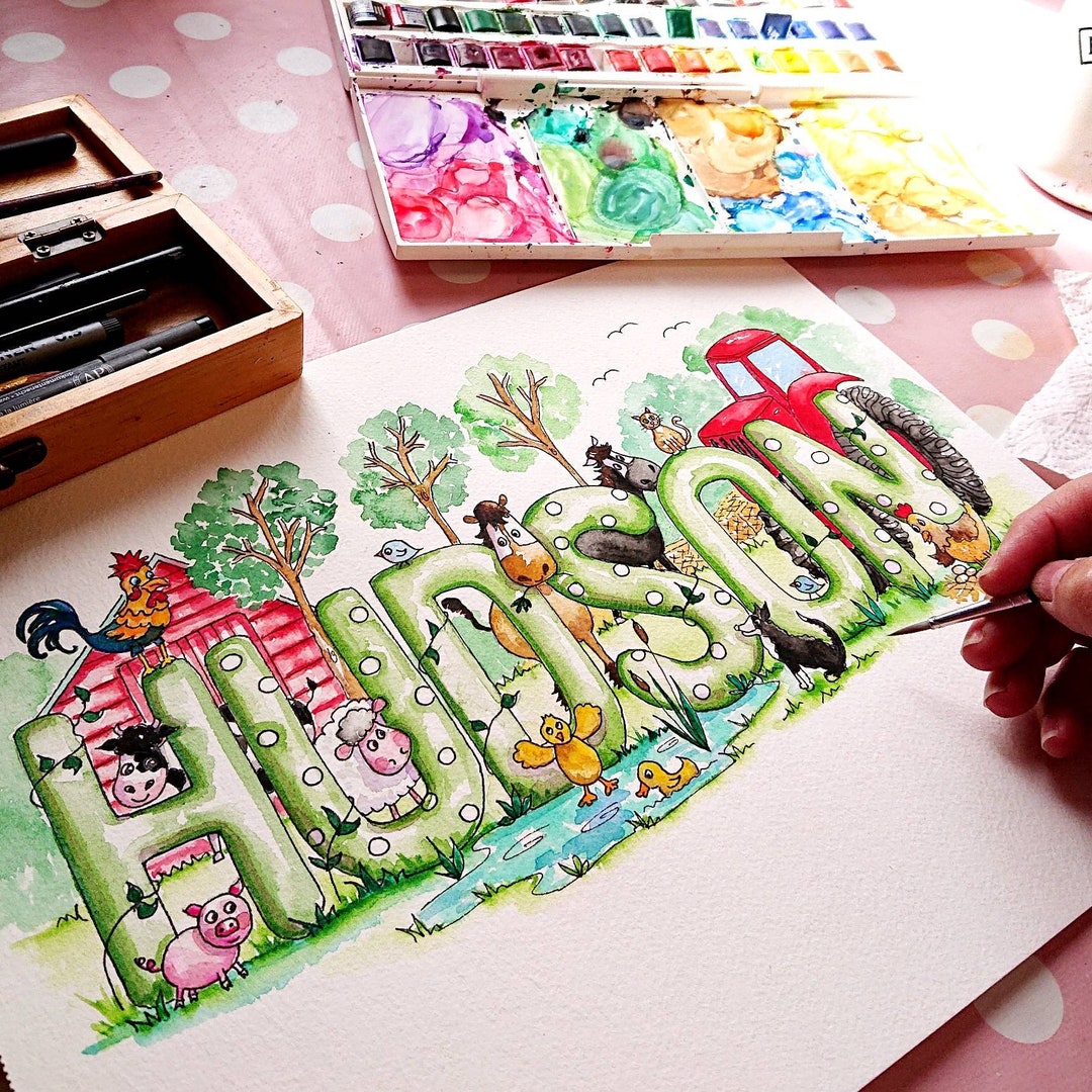 Custom Name Painting, Personalized Childrens Watercolour. - Etsy
