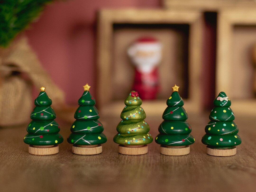 Hand-painted Mini Christmas Tree Set | 5 Wooden Trees 2.8" | Ornament ...