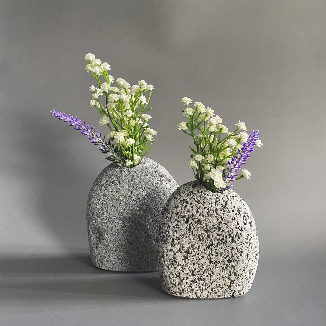 Handcrafted Granite Stone Vase: Elegant Floral Arrangement Decor Gray ...