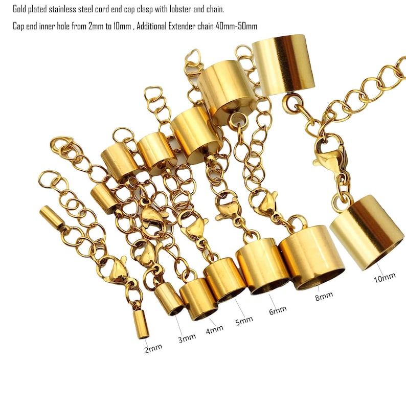 18K Gold Stainless Steel Cord End Cap Clasp With Extender Chain (3mm ...