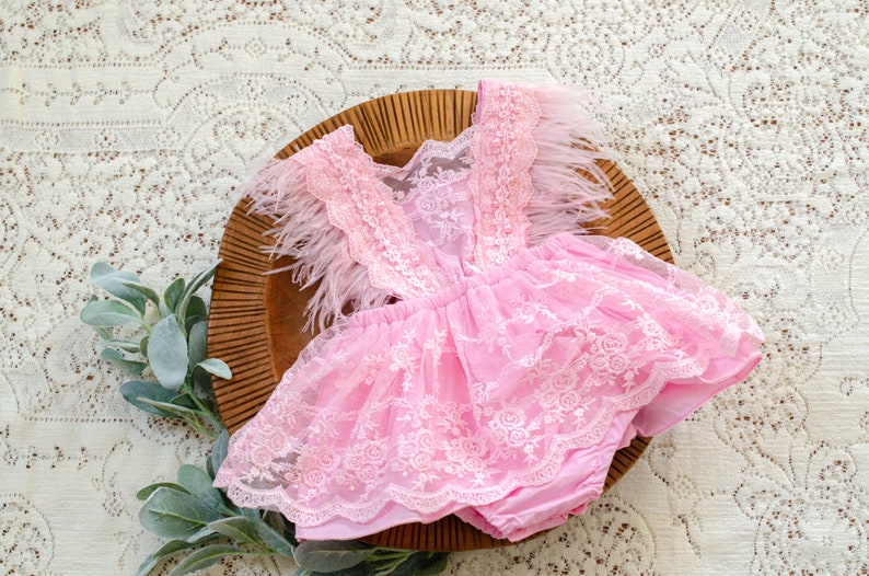 Baby Cake Smash Pink Romper, Feather Pearl Romper With Tieback, Romper ...