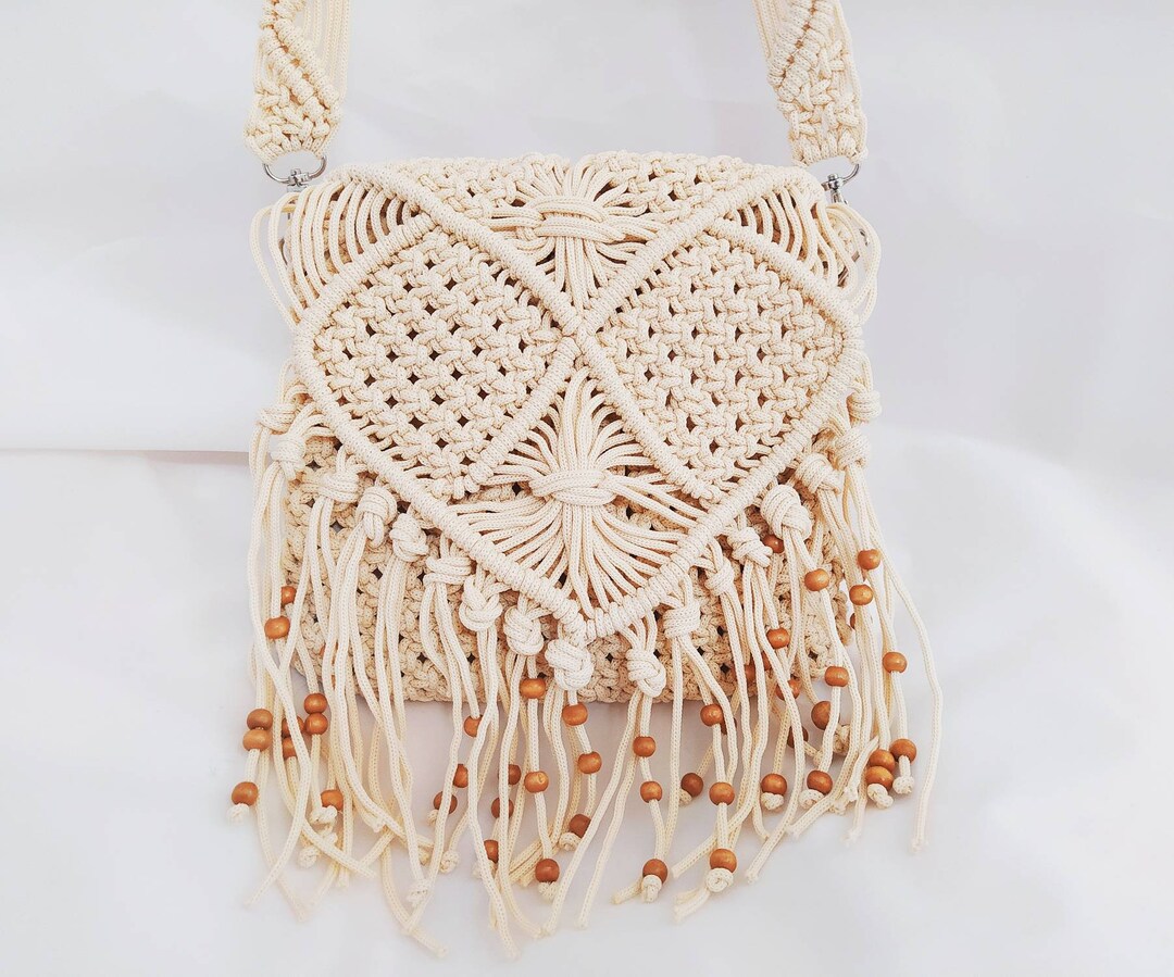 Macrame Bag, Macrame Beige Tassel Crossbody Bag, Macrame Shoulder Bag ...