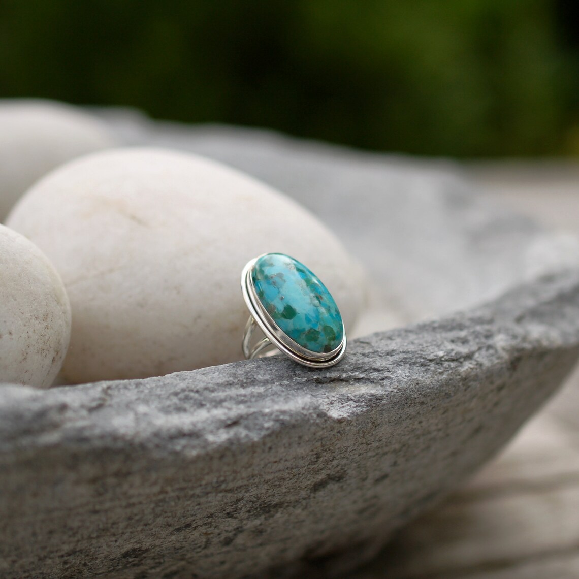 Large Turquoise Cabachon Ring, Modernist Sterling Silver Vintage Ring ...