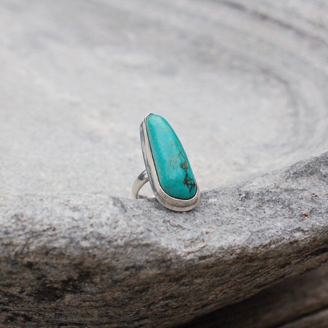 Large Natural Turquoise Cabachon Ring, Vintage Sterling Silver Bezel ...