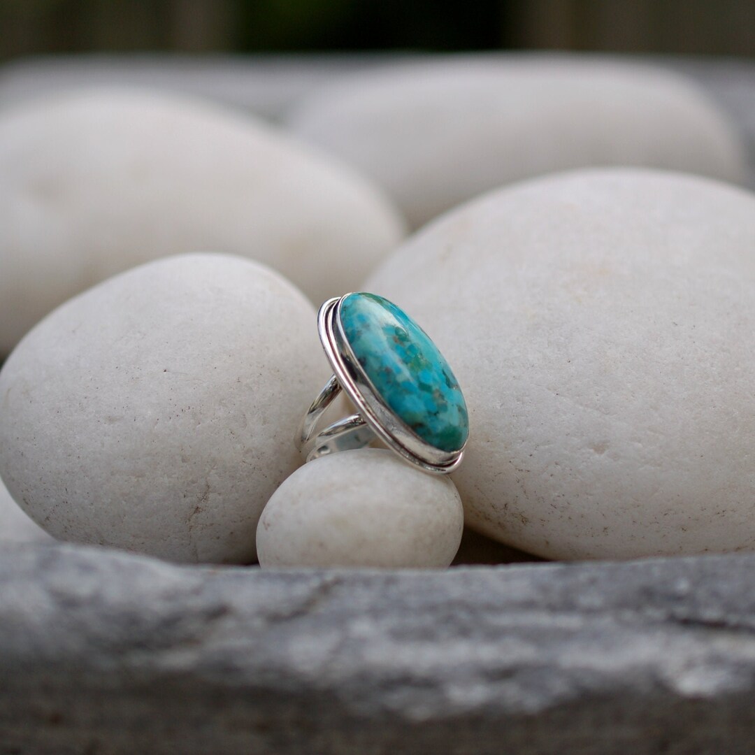 Large Turquoise Cabachon Ring, Modernist Sterling Silver Vintage Ring ...