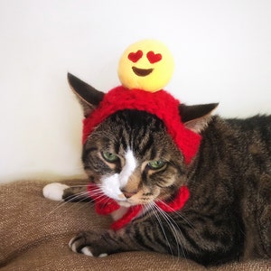 Halloween Costume Smiley Face Cat Hat Red Crochet Unique Handmade Dog ...