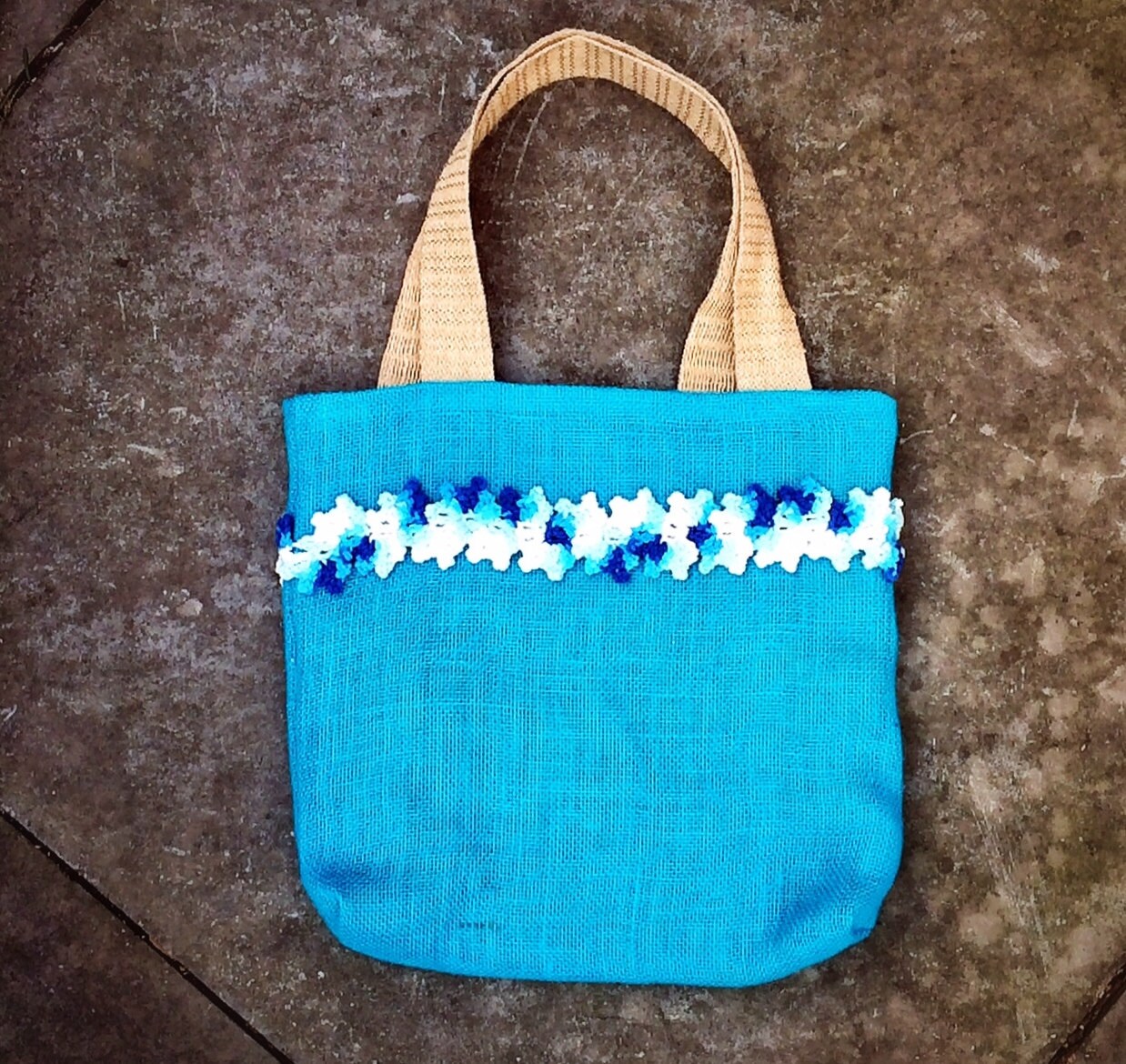 Unique Tote Handmade Bag Blue teal Burlap Summer Bag With Crochet ...