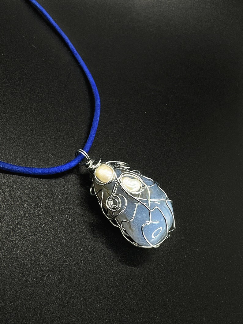 Healing Stones Blue Chalcedony Pearl Necklace Gemini Cancer - Etsy