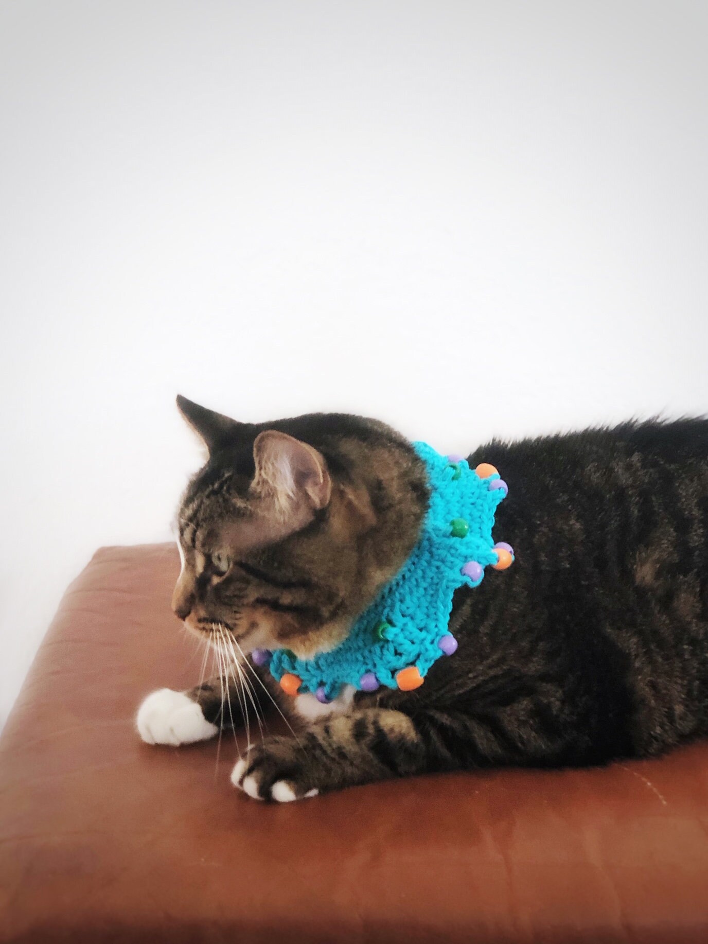 Crochet Elastic Cat Collar Beaded Cat Scarf Blue Multicolored Beads ...