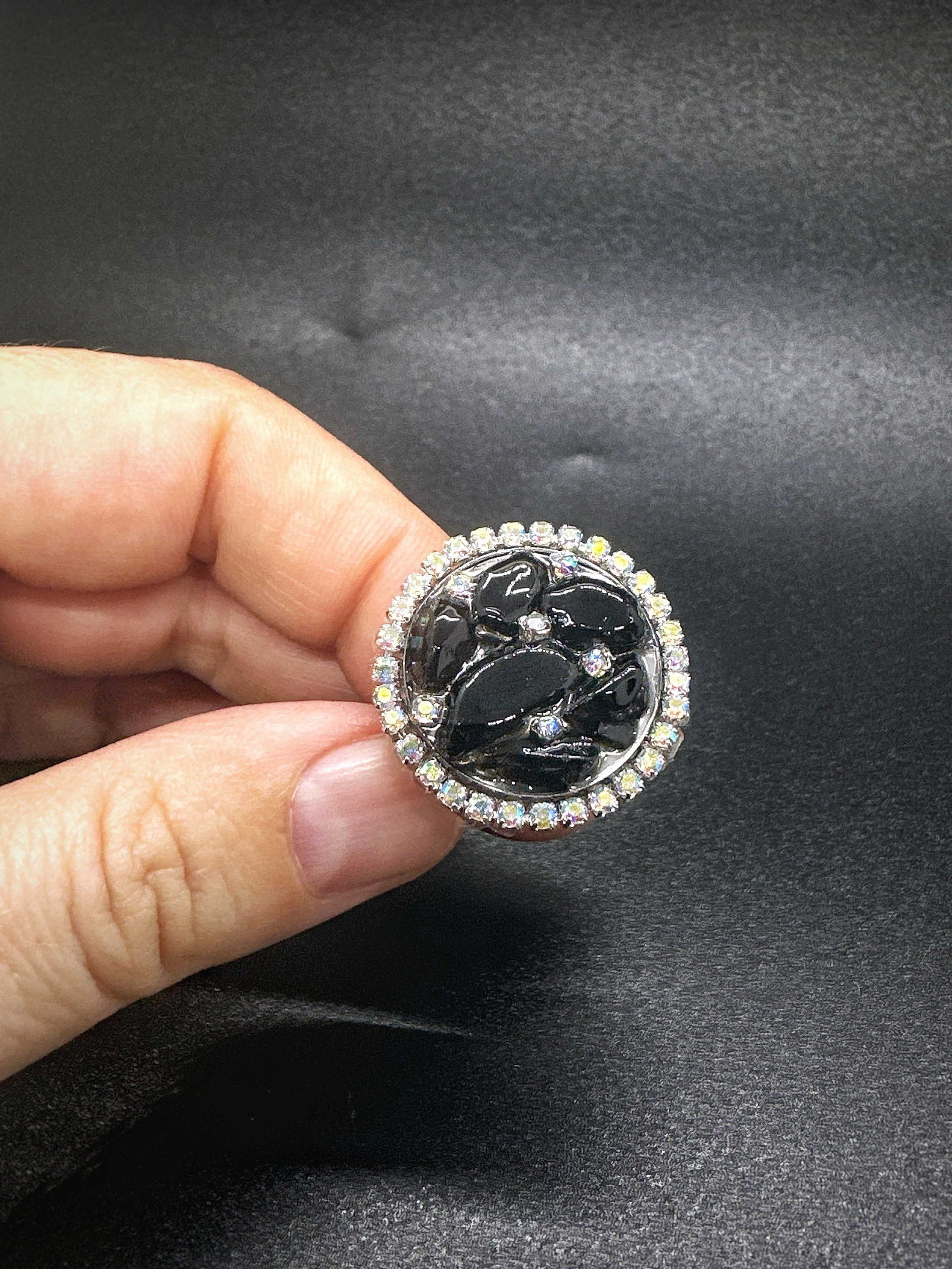 Black Obsidian Jewelry, Obsidian Rhinestones Ring, Adjustable Ring ...