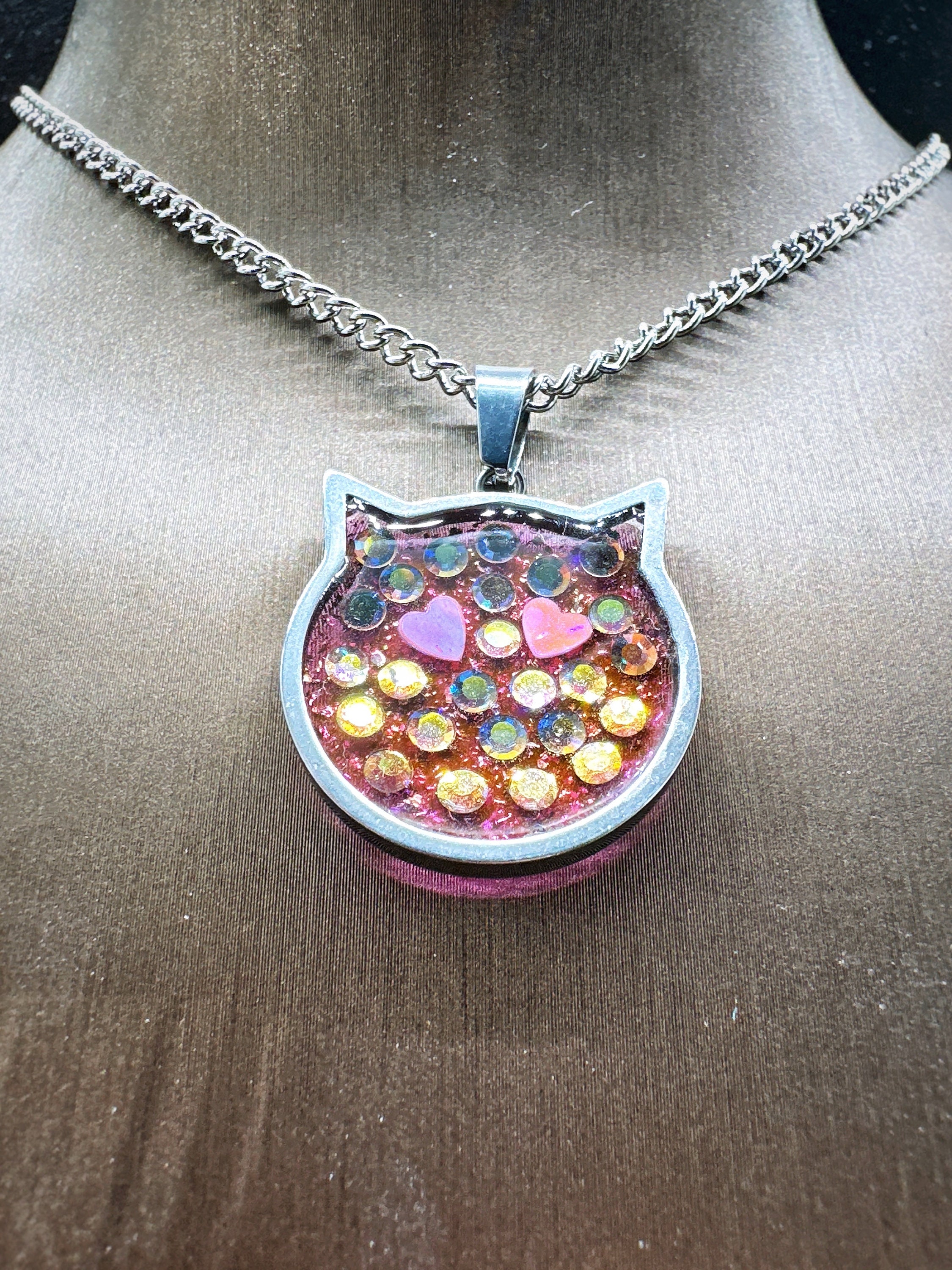 Pink Cat Jewelry, Rhinestones Cat, Cat Lover Gift, Rhinestones Pendant ...