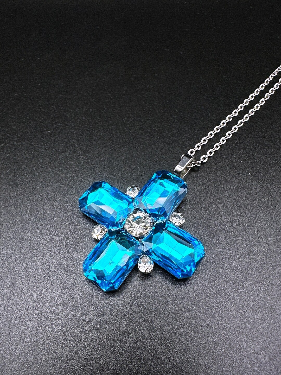 Rhinestone Cross Jewelry, Blue Cross Necklace, Large Rhinestone Cross ...