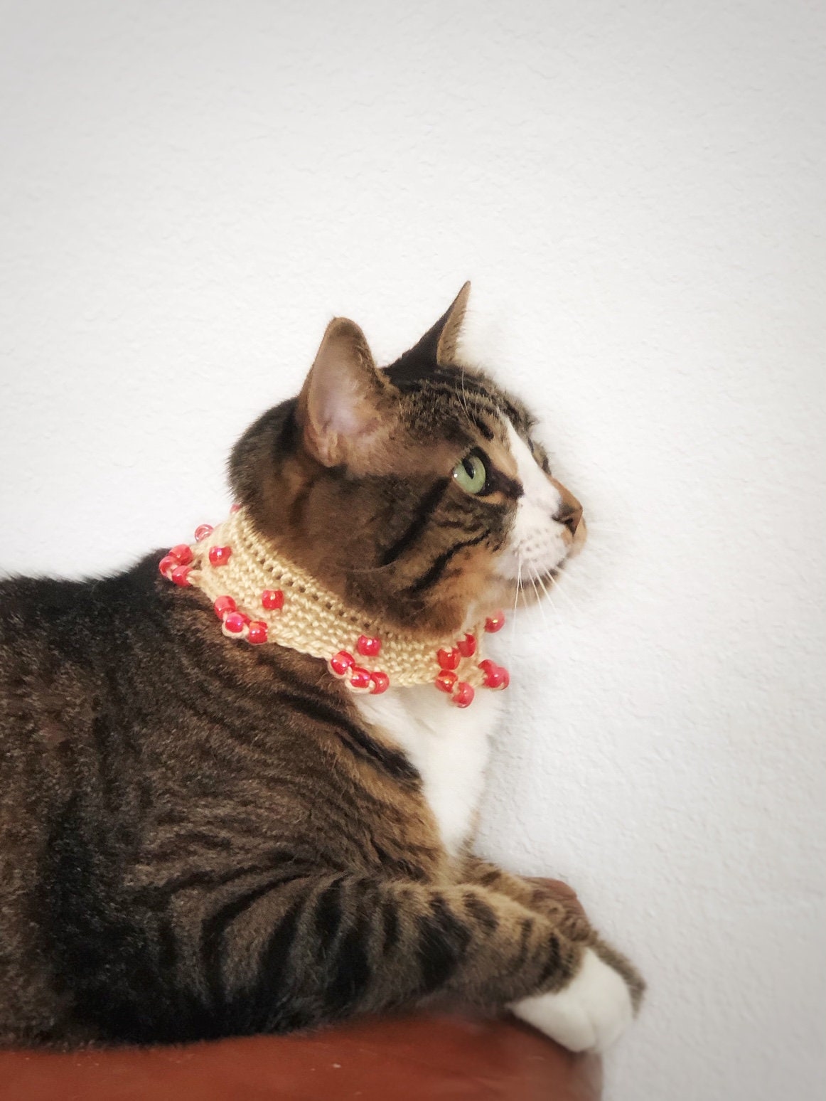 Crochet Cat Collar Beaded Elastic Cat Necklace Beige With Red Beads ...
