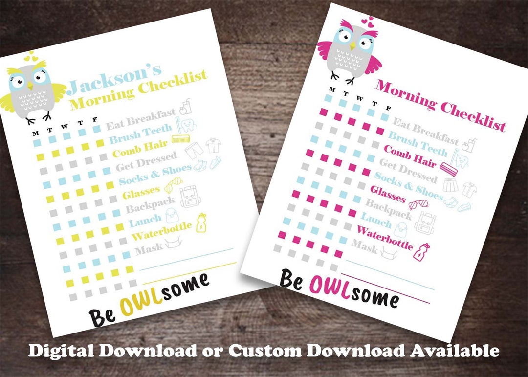 Customized Owl Themed Morning Checklist Digital Download Back to School ...