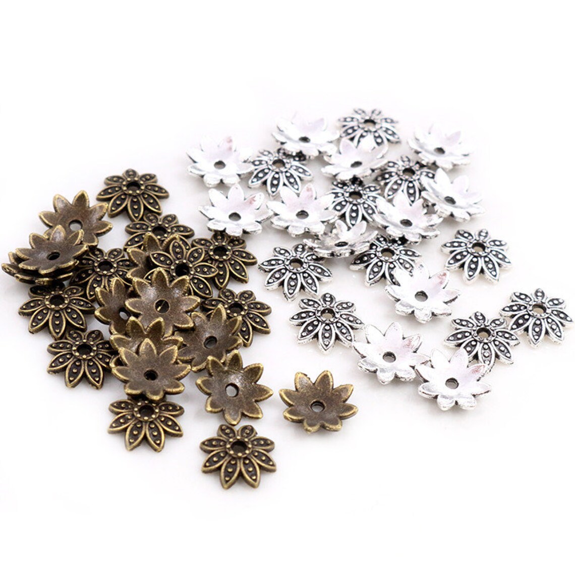 50pcs 8mm 10mm Beads Caps Antique Silver and Bronze Flower Shape Spacer ...