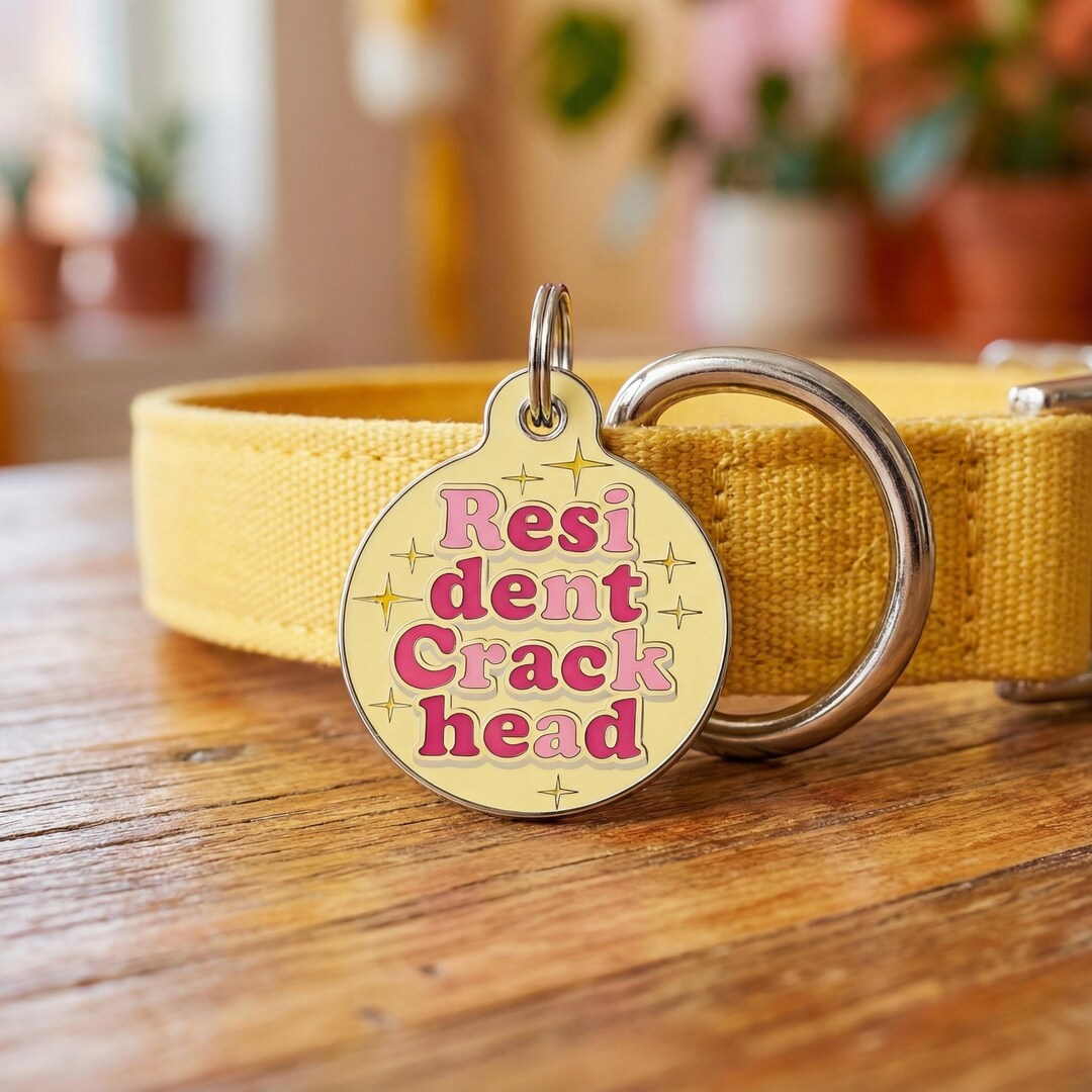 Funny Dog ID Tag Custom Engraved - "resident Crackhead" - Yellow & Pink ...