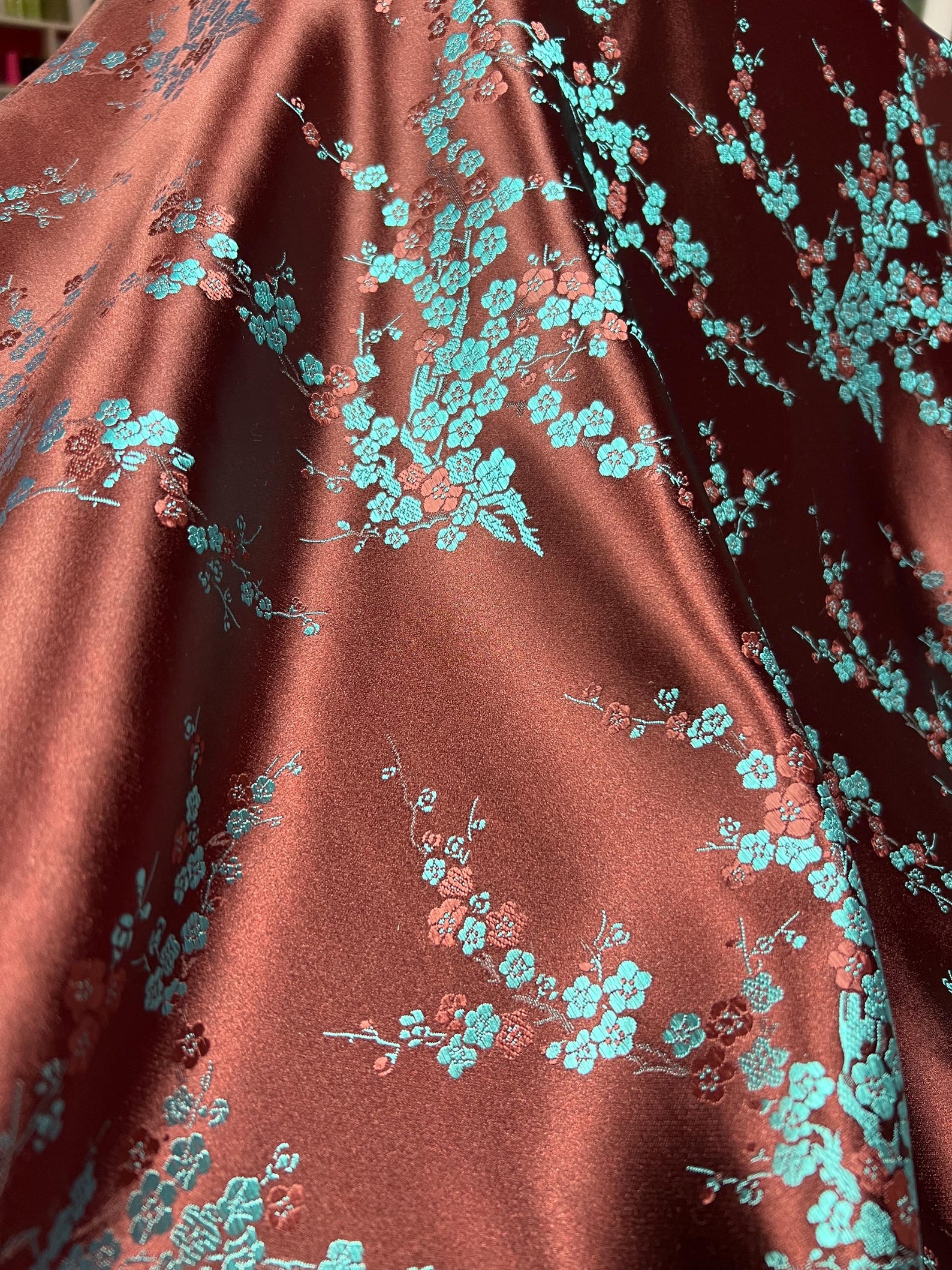 Chocolate Brown and Teal Aqua Blue, Cherry Blossom Flower Floral Faux ...
