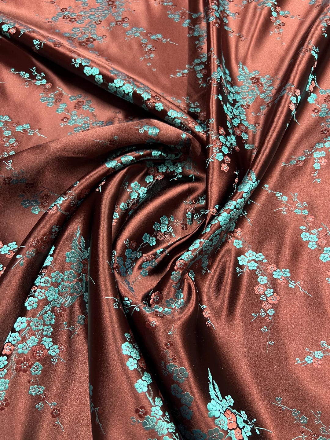 Chocolate Brown and Teal Aqua Blue, Cherry Blossom Flower Floral Faux ...