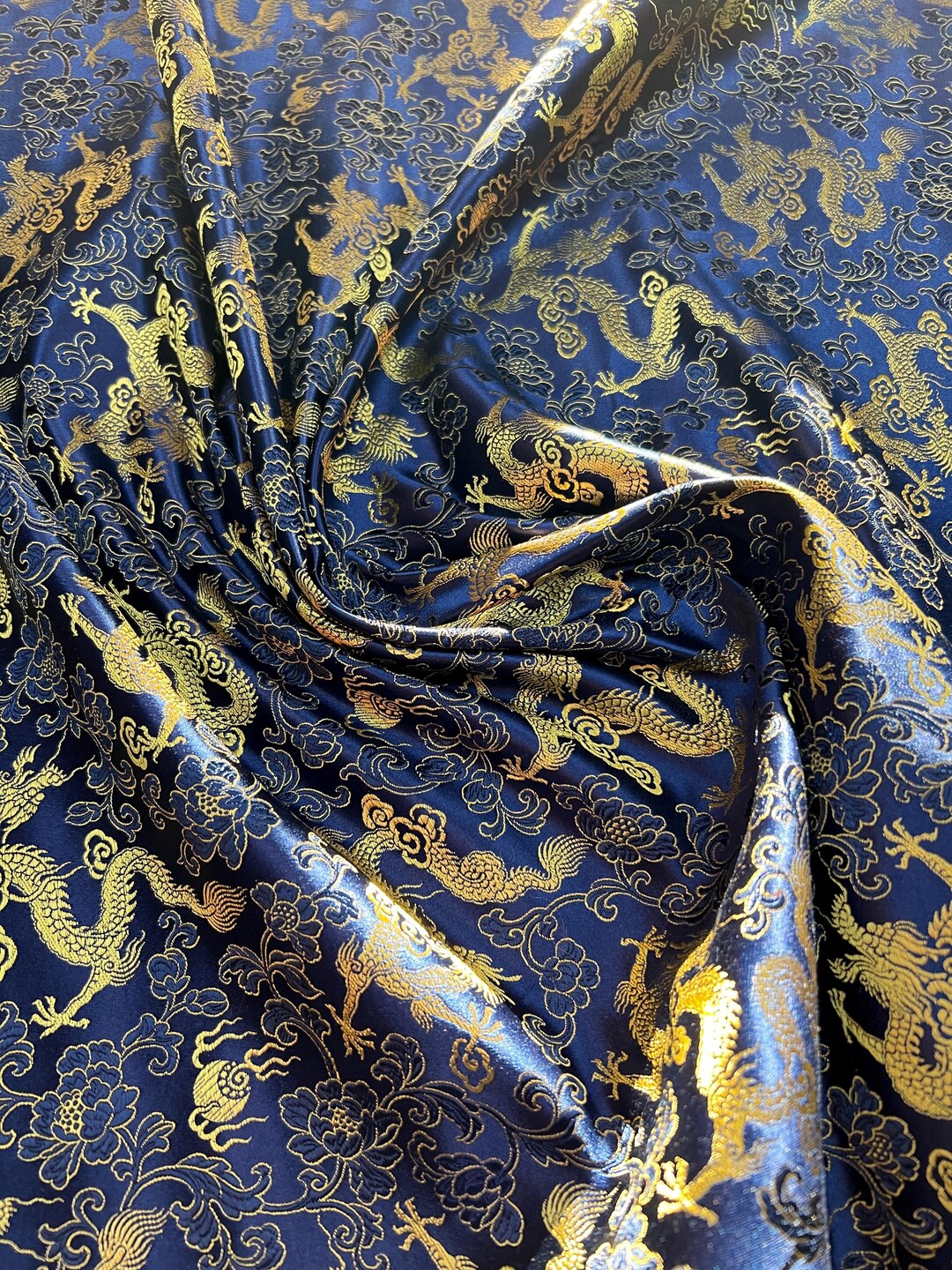 Royal Blue and Gold Dragon Silk Fabric, Material, Cloth, Jacquard ...