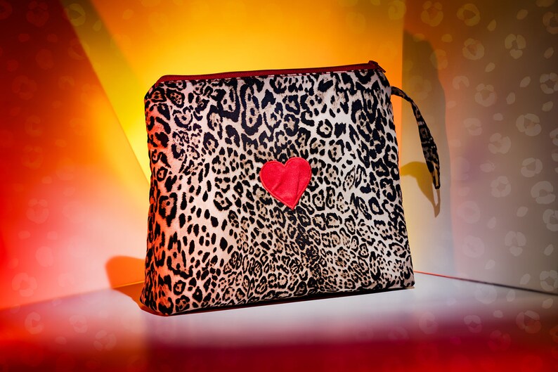 Leopard Print Red Heart Large Triangular Shaped Clutch Style Cosmetic ...
