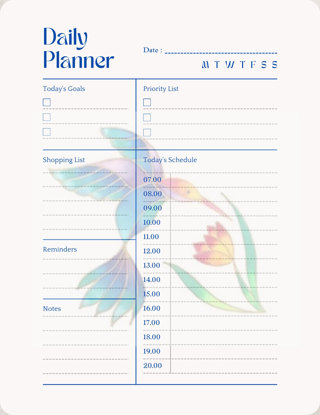 Printable Daily Planner, Instant Download. Hummingbird Art to Do List ...