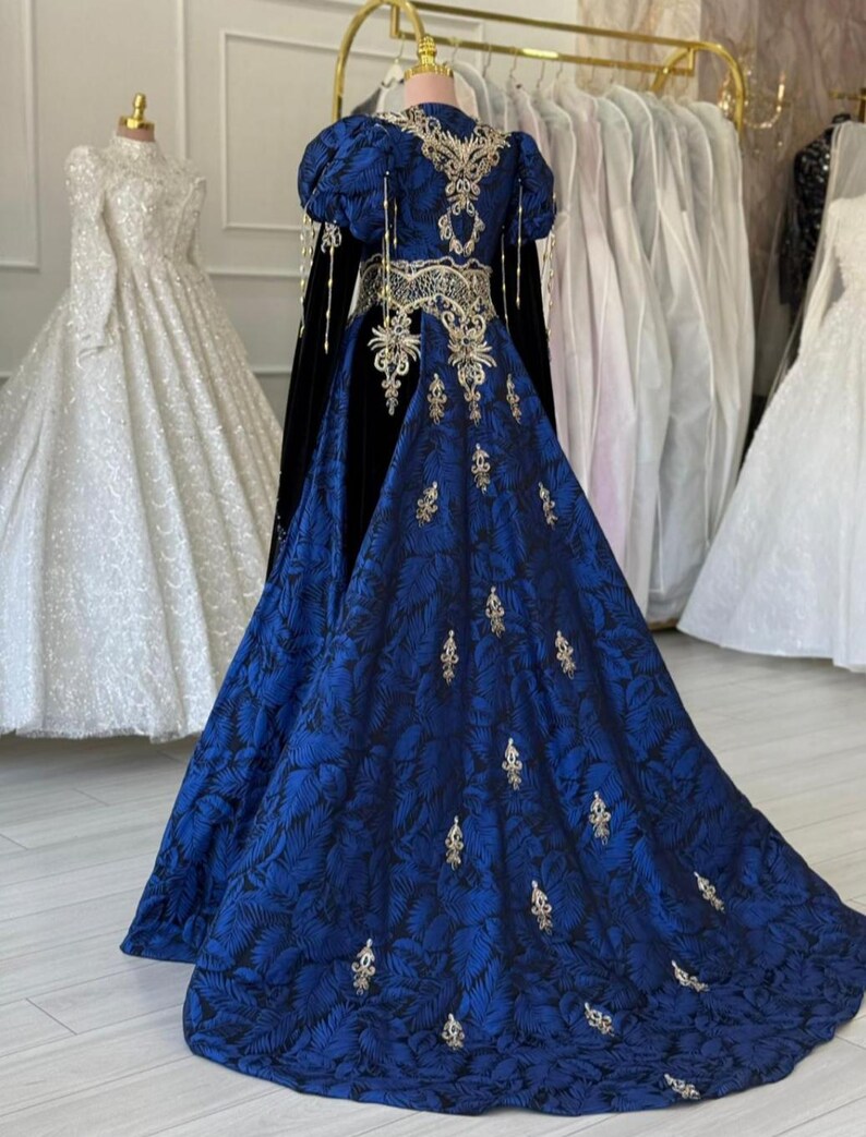 Regal Elegance – Gold Embroidered Blue & Black Gown | Couture Statement ...