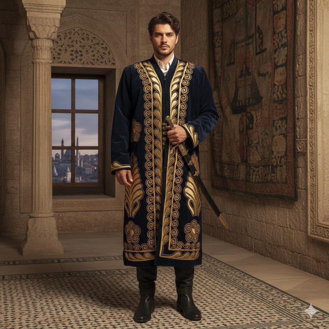 Men's Medieval Darkblue Coat, Men Kimono ,velvet & Gold Men Coat ...