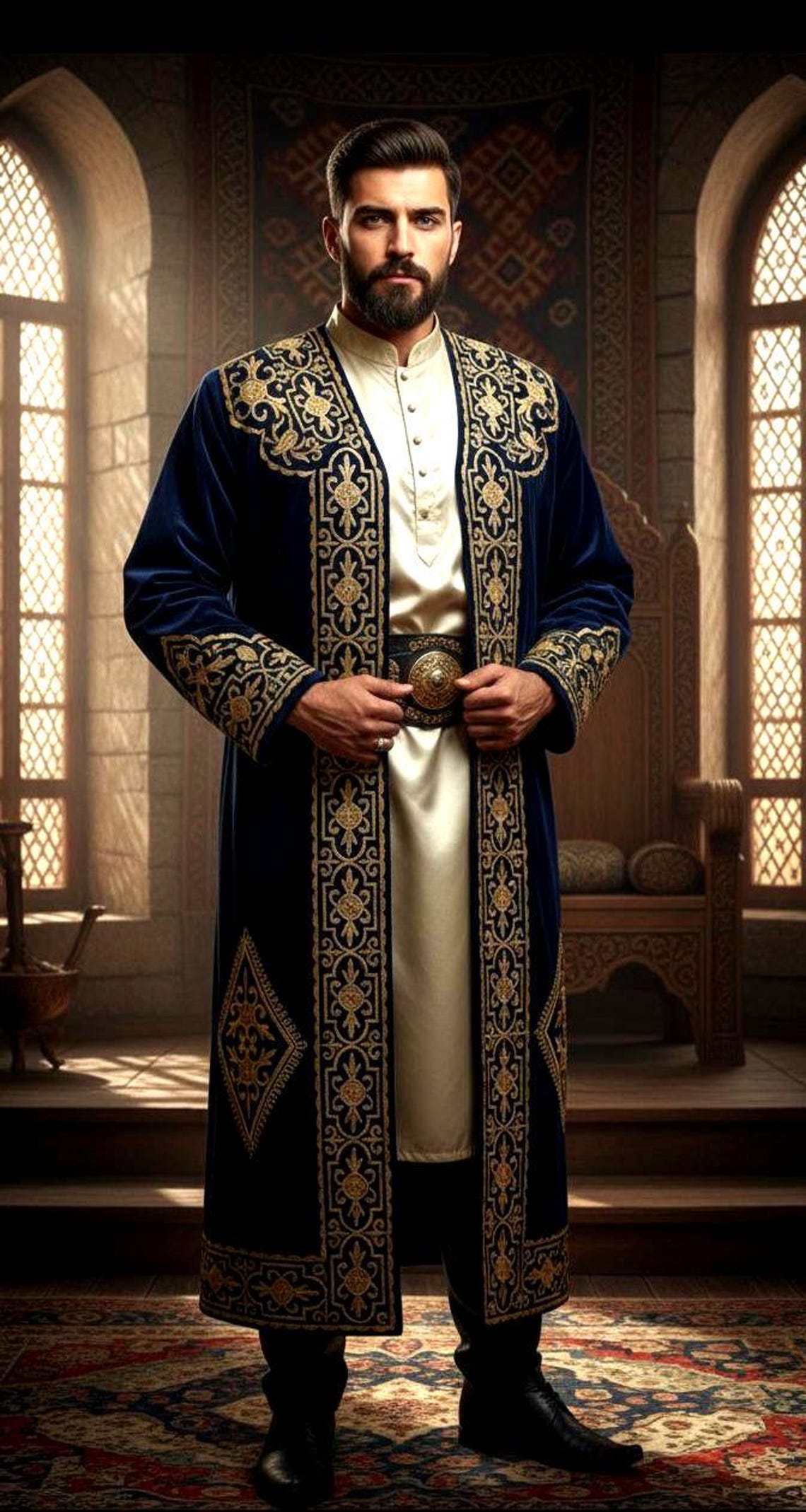 Men's Medieval Darkblue Coat, Men Kimono ,velvet & Gold Men Coat ...
