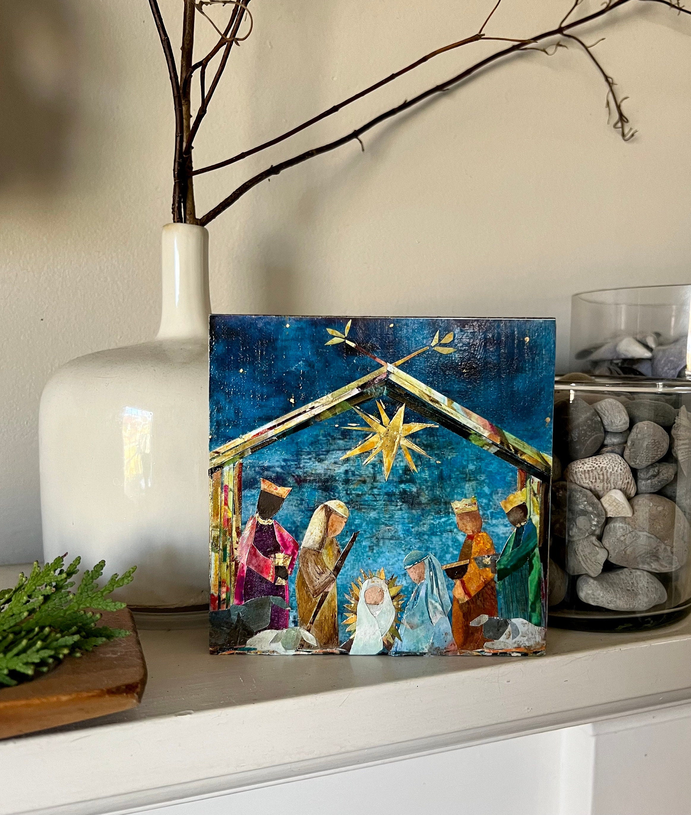 Nativity Scene Collage on Wood Block - Etsy