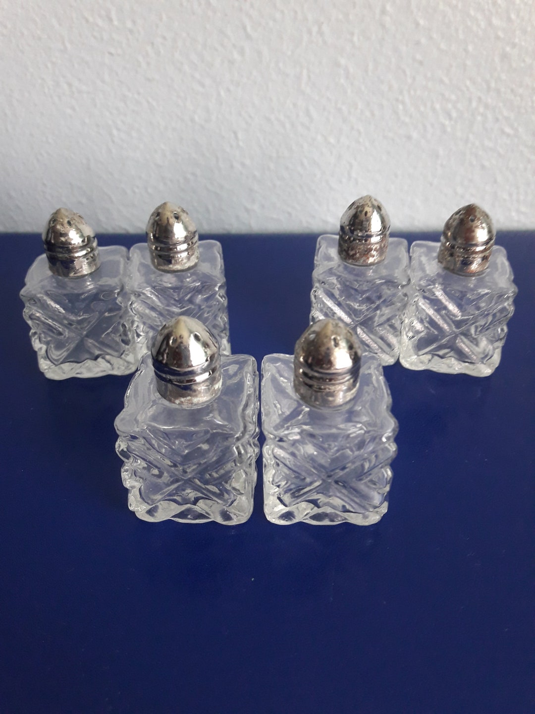 Vintage 6 Small Glass Crystal Salt and Pepper Shakers, Rectangular ...