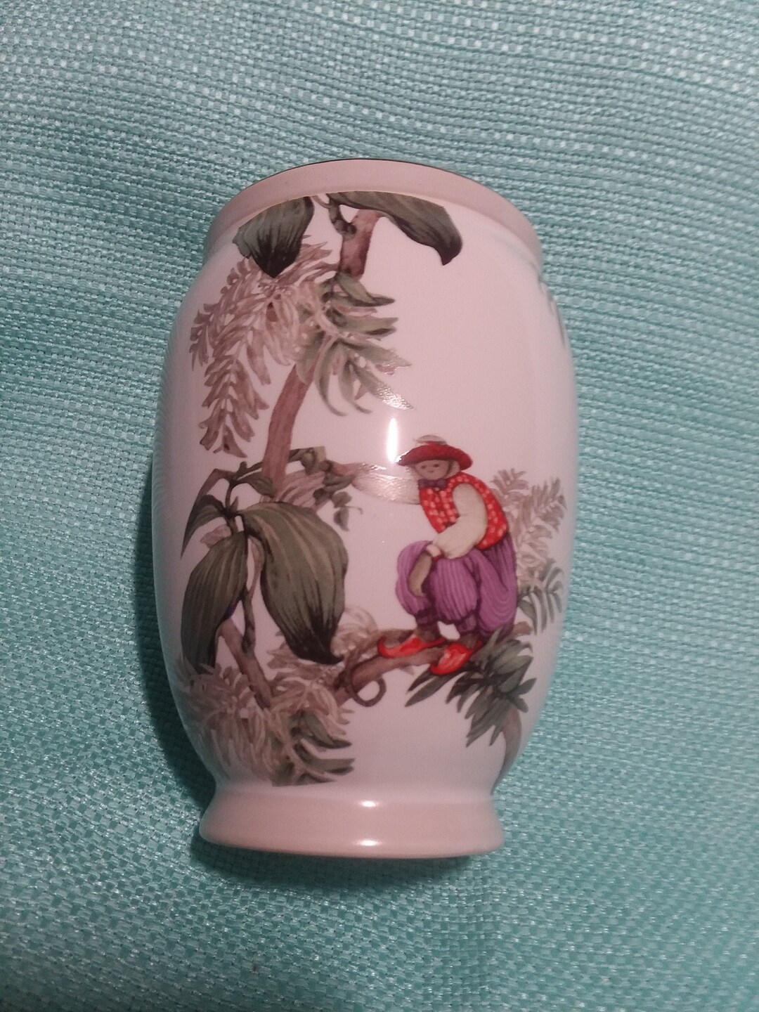 Ceramic Table Vase Jar, Bulbous White With Images of Dressed up Monkeys ...