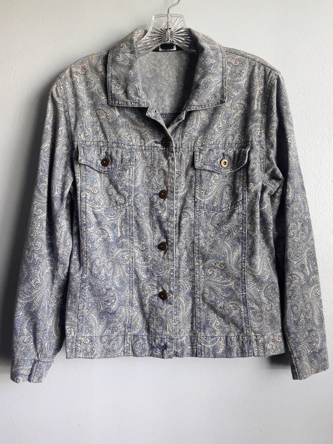 Multiples Womens Denim Jacket Blue and White Paisley Pattern Sequin ...