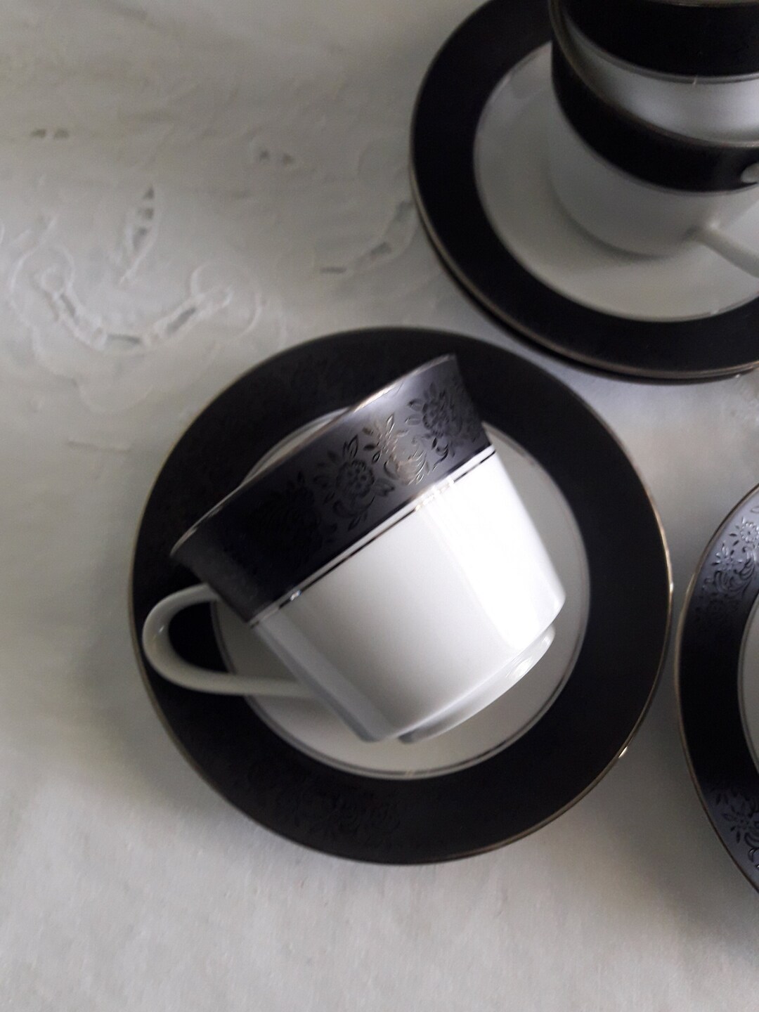 Noritake Coffee Cup and Saucer Set China, White Porcelain W/ Black ...