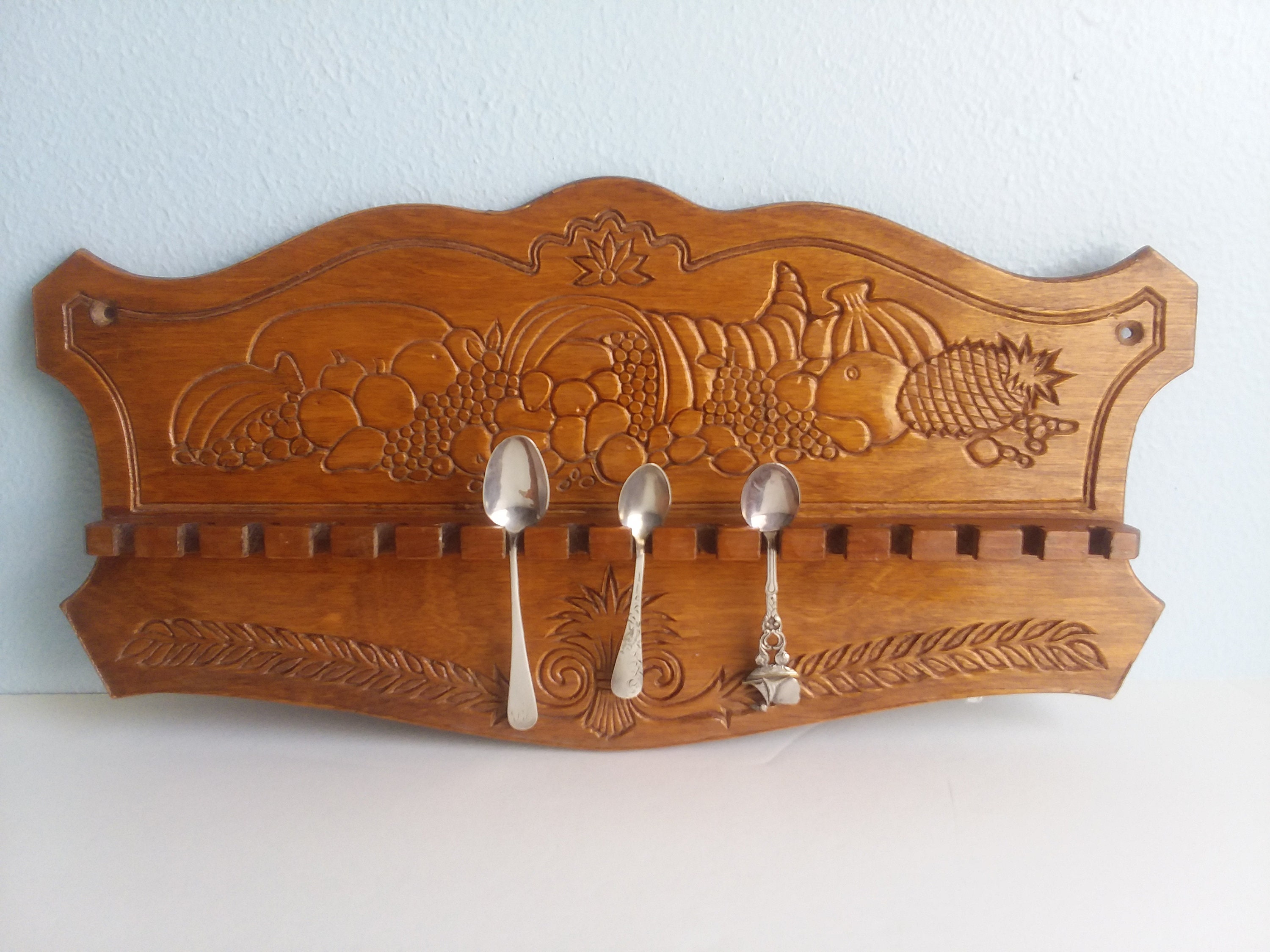Vintage Carved Wooden Spoon Display Rack Holder,16 Slots,cornucopia ...